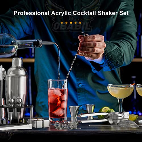 30-Piece Cocktail Shaker Set Stainless Steel Bartender Kit with Acrylic Stand & Cocktail Recipes Booklet, Bar Sets for Home, Professional Bar Tools for Drink Mixing, Party, Include 4 Whiskey Stones