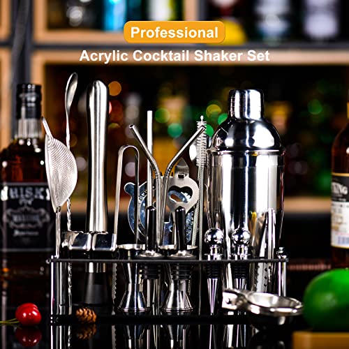 30-Piece Cocktail Shaker Set Stainless Steel Bartender Kit with Acrylic Stand & Cocktail Recipes Booklet, Bar Sets for Home, Professional Bar Tools for Drink Mixing, Party, Include 4 Whiskey Stones