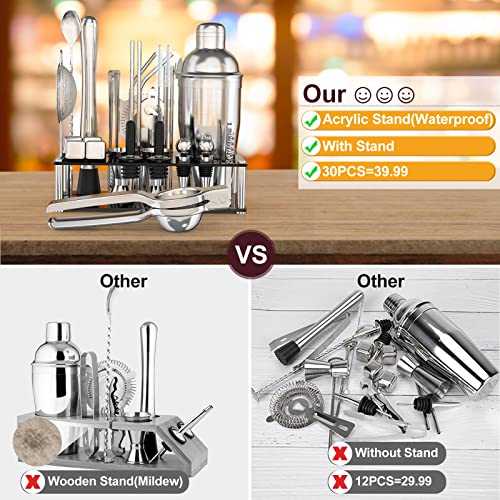 30-Piece Cocktail Shaker Set Stainless Steel Bartender Kit with Acrylic Stand & Cocktail Recipes Booklet, Bar Sets for Home, Professional Bar Tools for Drink Mixing, Party, Include 4 Whiskey Stones