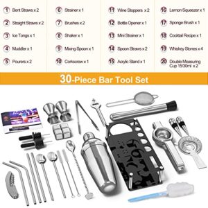 30-Piece Cocktail Shaker Set Stainless Steel Bartender Kit with Acrylic Stand & Cocktail Recipes Booklet, Bar Sets for Home, Professional Bar Tools for Drink Mixing, Party, Include 4 Whiskey Stones