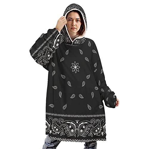 Wearable Blanket Hoodie, Classic Bandana Print Paisley Fuzzy Soft Oversized Blanket Sweatshirts for Women Men, Large Warm Cozy Plush Fleece Hooded Blankets with Pocket for Adults Teens