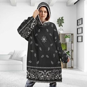 Wearable Blanket Hoodie, Classic Bandana Print Paisley Fuzzy Soft Oversized Blanket Sweatshirts for Women Men, Large Warm Cozy Plush Fleece Hooded Blankets with Pocket for Adults Teens