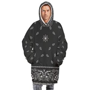 Wearable Blanket Hoodie, Classic Bandana Print Paisley Fuzzy Soft Oversized Blanket Sweatshirts for Women Men, Large Warm Cozy Plush Fleece Hooded Blankets with Pocket for Adults Teens