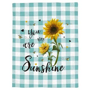 Sunflower Super Soft Cozy Flannel Fleece Blanket- Farmhouse Sunflower and Bees Teal Plaid Lightweight Comfy Throw Blanket for Bed/Couch/Sofa/Camping 40 x 60 Inche