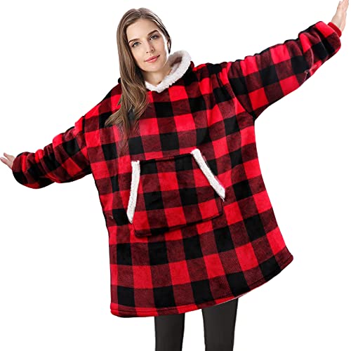 Dolloly Wearable Blanket Hoodie - Super Soft Cozy Unisex Sherpa Blanket, Oversized Sweatshirt Size with Pocket for Adult Women Men, Plaid Red, One Size