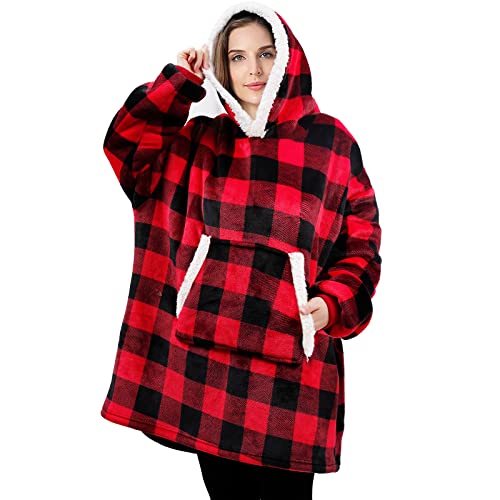 Dolloly Wearable Blanket Hoodie - Super Soft Cozy Unisex Sherpa Blanket, Oversized Sweatshirt Size with Pocket for Adult Women Men, Plaid Red, One Size