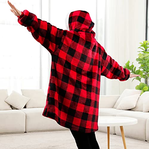 Dolloly Wearable Blanket Hoodie - Super Soft Cozy Unisex Sherpa Blanket, Oversized Sweatshirt Size with Pocket for Adult Women Men, Plaid Red, One Size