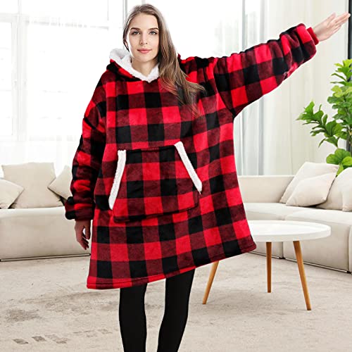 Dolloly Wearable Blanket Hoodie - Super Soft Cozy Unisex Sherpa Blanket, Oversized Sweatshirt Size with Pocket for Adult Women Men, Plaid Red, One Size