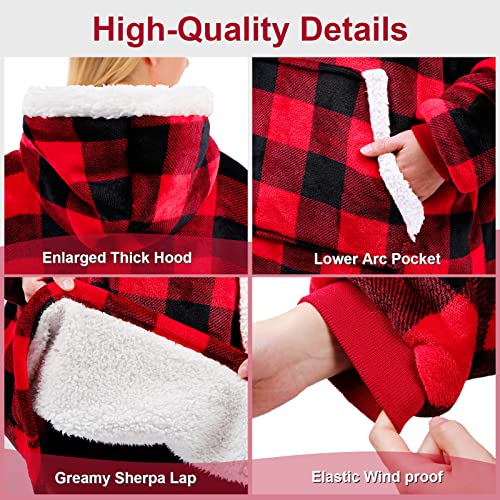 Dolloly Wearable Blanket Hoodie - Super Soft Cozy Unisex Sherpa Blanket, Oversized Sweatshirt Size with Pocket for Adult Women Men, Plaid Red, One Size