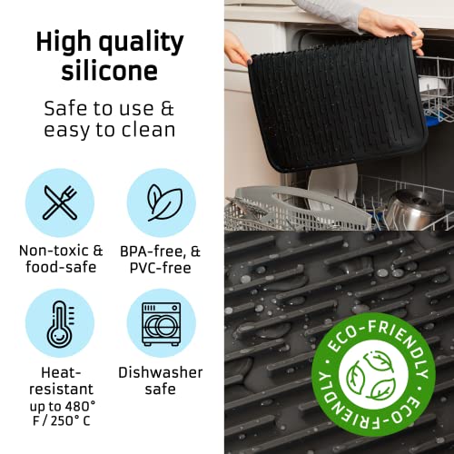 HOTPOP XXL 24"x18" Large Black Silicone Dish Drying Mat & Trivet - Dishwasher Safe, Heat Resistant, Eco-Friendly - Rubber Dish Drying Mat, Silicone Dish Mat for Kitchen Counter (24x18 Inches)