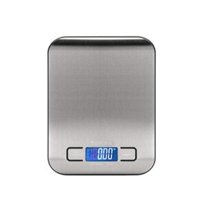 Tomiba Digital Kitchen Food Scale 11 lb Grams and Ounces Small Stainless Steel Backlit Silver Batteries Included