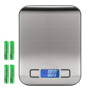 Tomiba Digital Kitchen Food Scale 11 lb Grams and Ounces Small Stainless Steel Backlit Silver Batteries Included