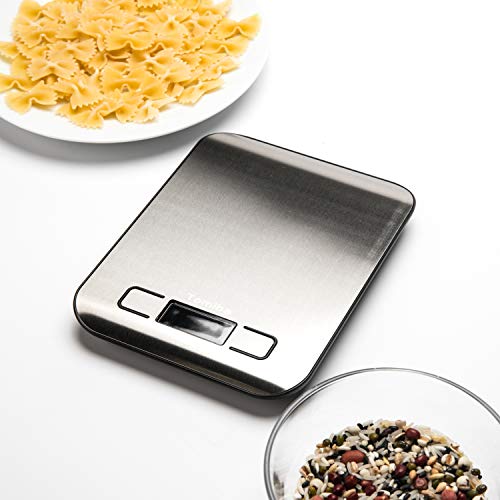 Tomiba Digital Kitchen Food Scale 11 lb Grams and Ounces Small Stainless Steel Backlit Silver Batteries Included