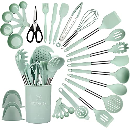 QMVESS Silicone Kitchen Utensil Set, 28 Pcs Non-Stick Cooking Utensils Set with Holder, Tongs, Spatula, Whisk, Measuring Cups and Spoons Set with Stainless Steel Handle Kitchen Gadgets (Light Green)