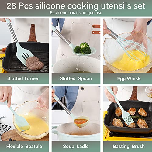 QMVESS Silicone Kitchen Utensil Set, 28 Pcs Non-Stick Cooking Utensils Set with Holder, Tongs, Spatula, Whisk, Measuring Cups and Spoons Set with Stainless Steel Handle Kitchen Gadgets (Light Green)