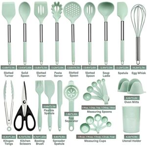 QMVESS Silicone Kitchen Utensil Set, 28 Pcs Non-Stick Cooking Utensils Set with Holder, Tongs, Spatula, Whisk, Measuring Cups and Spoons Set with Stainless Steel Handle Kitchen Gadgets (Light Green)