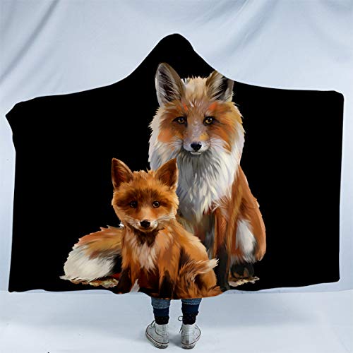 Sleepwish Fox Mother and Cub Hooded Blanket Cute Foxes Oil Painting Wearable Blanket Hoodie Fleece Blanket Ultra Soft and Warm for Winter TV Coach Adults & Kids (Adults 60"x 80")