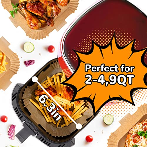 Air Fryer Liners 6.3 inch, 125 Pcs Square Disposable Paper Liners with Four Handles, Oil-proof Water-proof Parchment Paper, Food Grade Cooking Paper for Air Frying, Baking, Roasting Microwave