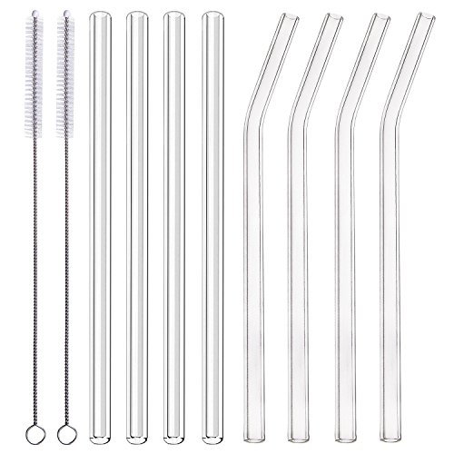 ALINK Glass Smoothie Straws, 10" x 10 mm Long Reusable Clear Drinking Straws, Pack of 8 with 2 Cleaning Brush,