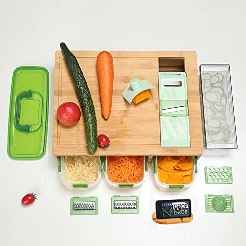 Smart Bamboo Cutting Board With Containers, Locking Lid, and Built-in GRATER. Easy To Clean Food Prep Station With Trays. Extra Large Smart Cutting Board Set with Stackable Containers For Easy Storage