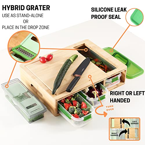 Smart Bamboo Cutting Board With Containers, Locking Lid, and Built-in GRATER. Easy To Clean Food Prep Station With Trays. Extra Large Smart Cutting Board Set with Stackable Containers For Easy Storage