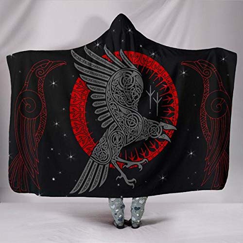 Melory Viking Raven Hooded Blanket Polyester Print Wearable Blanket Sherpa Fleece Throw Blanket Wrap Soft Microfiber Novelty Blanket for Adults and Youth White 60 x 80 inch