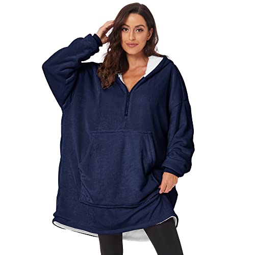 PUPIU Womens Wearable Blanket Hoodie with Zipper Fleece Oversized Hoodie Blanket with Pockets Unisex Cozy Christmas Blanket Sweatshirt Navy Blue