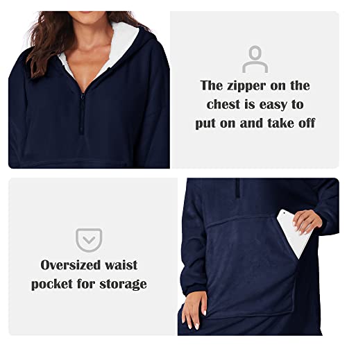 PUPIU Womens Wearable Blanket Hoodie with Zipper Fleece Oversized Hoodie Blanket with Pockets Unisex Cozy Christmas Blanket Sweatshirt Navy Blue