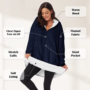 PUPIU Womens Wearable Blanket Hoodie with Zipper Fleece Oversized Hoodie Blanket with Pockets Unisex Cozy Christmas Blanket Sweatshirt Navy Blue