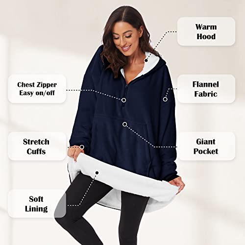 PUPIU Womens Wearable Blanket Hoodie with Zipper Fleece Oversized Hoodie Blanket with Pockets Unisex Cozy Christmas Blanket Sweatshirt Navy Blue