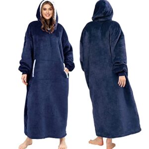 Somikia Upgraded Wearable Blanket Hoodie with Zipper,Oversized Giant Hooded Blanket with Pocket Sleeves Flannel Sherpa Soft Warm Cozy Fluffy Blanket for Teens Women Men Blue Long