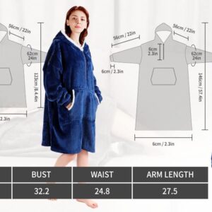 Somikia Upgraded Wearable Blanket Hoodie with Zipper,Oversized Giant Hooded Blanket with Pocket Sleeves Flannel Sherpa Soft Warm Cozy Fluffy Blanket for Teens Women Men Blue Long