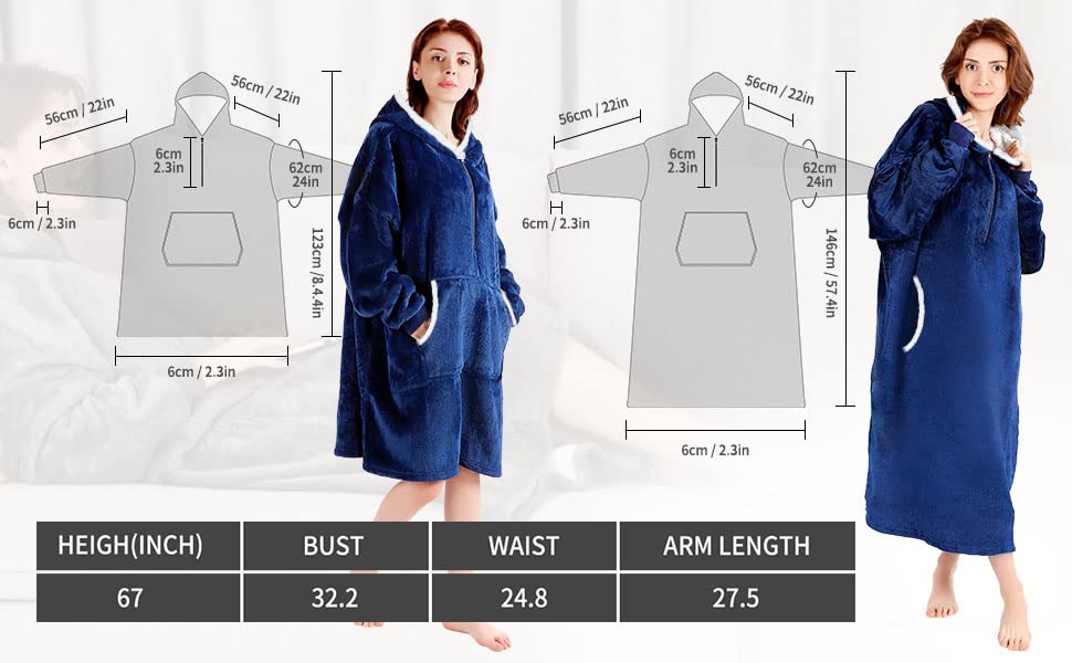 Somikia Upgraded Wearable Blanket Hoodie with Zipper,Oversized Giant Hooded Blanket with Pocket Sleeves Flannel Sherpa Soft Warm Cozy Fluffy Blanket for Teens Women Men Blue Long