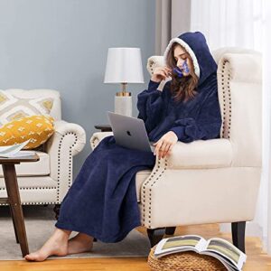 Somikia Upgraded Wearable Blanket Hoodie with Zipper,Oversized Giant Hooded Blanket with Pocket Sleeves Flannel Sherpa Soft Warm Cozy Fluffy Blanket for Teens Women Men Blue Long