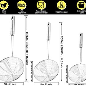 Anaeat Stainless Steel Spider Strainer Skimmer, Set of 3 Professional Kitchen Pasta Strainer Spoon with Long Handle - Asian Strainer Ladle Wire Skimmer Spoons for Cooking and Frying (4.5"+5.3"+6.1")