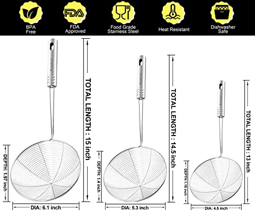 Anaeat Stainless Steel Spider Strainer Skimmer, Set of 3 Professional Kitchen Pasta Strainer Spoon with Long Handle - Asian Strainer Ladle Wire Skimmer Spoons for Cooking and Frying (4.5"+5.3"+6.1")