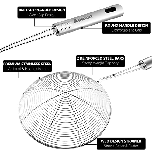 Anaeat Stainless Steel Spider Strainer Skimmer, Set of 3 Professional Kitchen Pasta Strainer Spoon with Long Handle - Asian Strainer Ladle Wire Skimmer Spoons for Cooking and Frying (4.5"+5.3"+6.1")