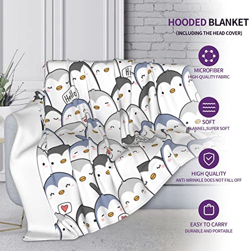 Penguin Hooded Blanket Flannel Wearable Throw Blanket,Blanket Hoodie Warm Wearable Blanket Soft Fleece Throw Blankets Comfy Hoodie Blankets for Kids Adults