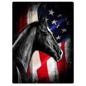 tslook throw blankets fleece blanket for sofa bed black horse retro american flag knight 50" x 72"