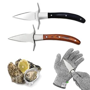 oyster shucking knife,oyster shucker,2 set sturdy sharpness oyster knife with comfort wood-handle,oyster shucking kit with 1 pairs of level 5 protection cut-resistant gloves(l) for oyster clam