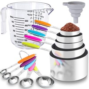 12 pcs measuring cups and spoons set stackable metal measuring spoons and cups in 18/8 stainless steel transparent measuring cup and funnel used for dry and liquid kitchen parent-child baking cooking