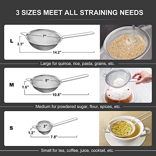 Fine Mesh Strainer Set of 3, Stainless Steel Wire Strainers for Kitchen, Multipurpose Metal Fine Sieve with Handle, Perfect for Food, Rice, Quinoa, 3", 5", 7"