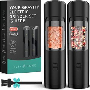 july home gravity electric salt and pepper grinder set, 2 pack, battery operated, adjustable coarseness, one hand operation electric pepper grinder with led light & cleaning brush (packaging may vary)