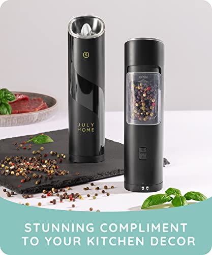 JULY HOME Gravity Electric Salt and Pepper Grinder Set, 2 Pack, Battery Operated, Adjustable Coarseness, One Hand Operation Electric Pepper Grinder with LED Light & Cleaning Brush (Packaging may vary)