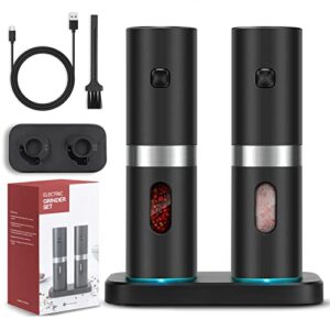 bonnight electric salt and pepper grinder set, automatic salt & pepper mill refillable with rechargeable base, usb cables, 2 adjustable coarseness mills, one hand operation, led light