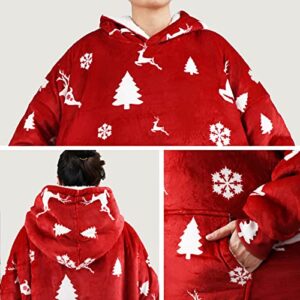 Fleedy Christmas Wearable Blanket Hoodie for Women Men, Soft Warm Cozy Oversized Sherpa Hooded Blanket for Adults with Pockets