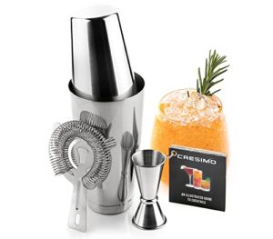 4pc boston cocktail shaker set - bartender kit with martini drink shaker & cocktail set bar accessories: 28oz / 18oz martini shaker, strainer, jigger & recipe guide - cocktail mixer bar set - cresimo