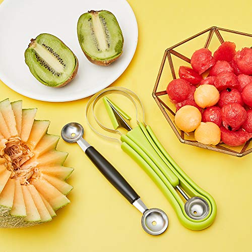 2 Pieces Melon Baller Scoop Set, 4 In 1 Stainless Steel Fruit Scooper Seed Remover Melon Baller Carving Knife Double Sided Melon Baller for Watermelon Ice Cream