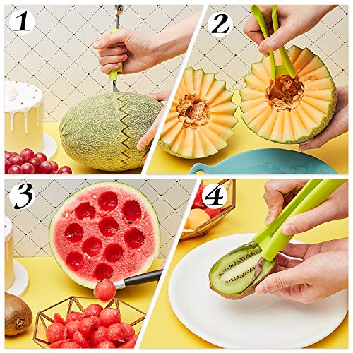 2 Pieces Melon Baller Scoop Set, 4 In 1 Stainless Steel Fruit Scooper Seed Remover Melon Baller Carving Knife Double Sided Melon Baller for Watermelon Ice Cream