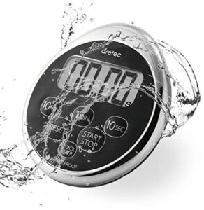 dretec digital timer water proof shower timer shower clock bathroom kitchen timer magnetic backing silver black officially tested in japan (1starter lithium battery included)